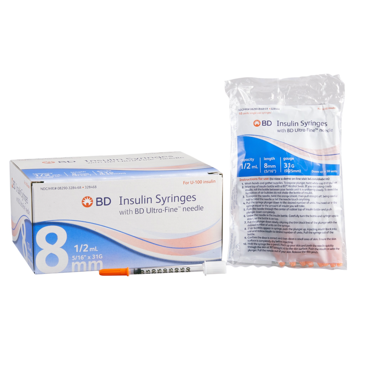 BD Insulin Syringes with BD Ultra-Fine™ Needle 1/2CC 31GX5/16" 8mm 100