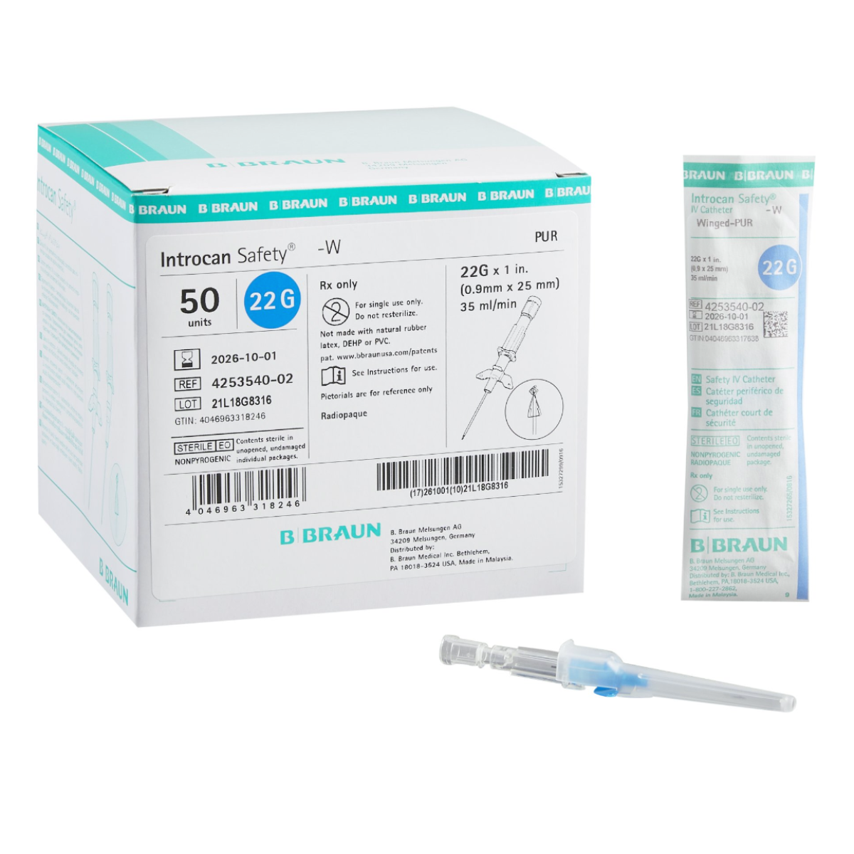 Introcan Safety® Peripheral IV Catheter Safety Needle 22G x 1in .9X25M