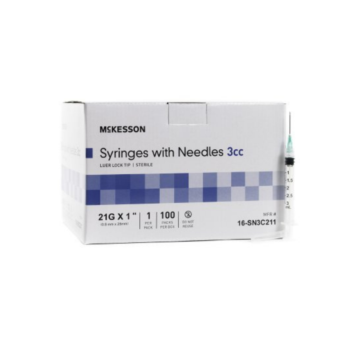 McKesson Syringe with Hypodermic Needle 3 cc 21 Gauge x 1" 100/Bx